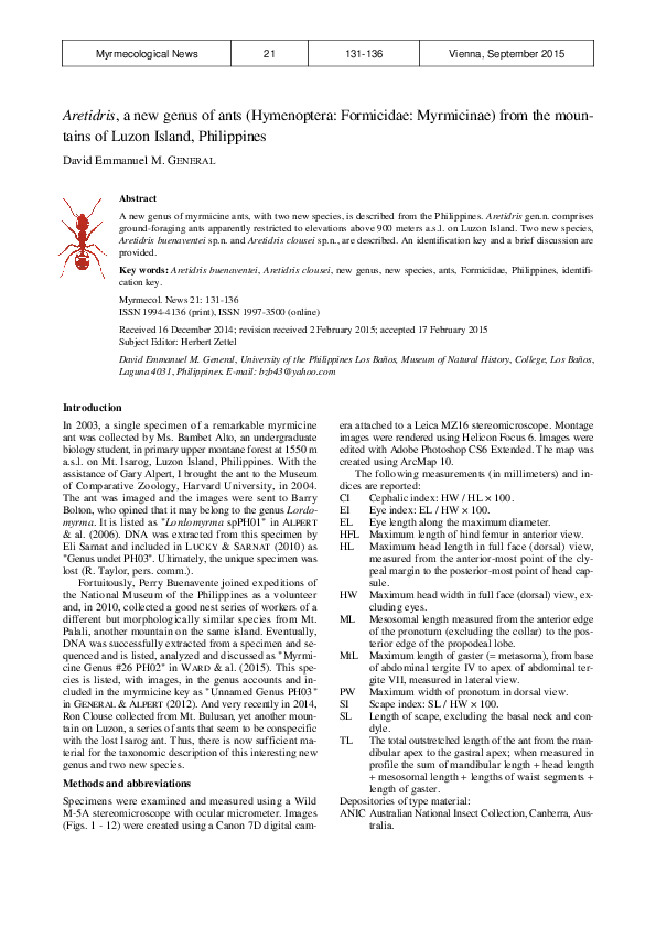 (PDF) Aretidris, a new genus of ants (Hymenoptera: Formicidae: Myrmicinae) from the mountains of ...