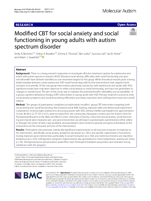 (PDF) Modified CBT for social anxiety and social functioning in young ...