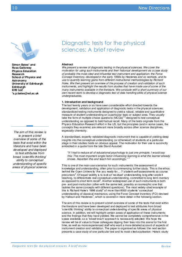 (PDF) Diagnostic tests for the physical sciences: A brief review