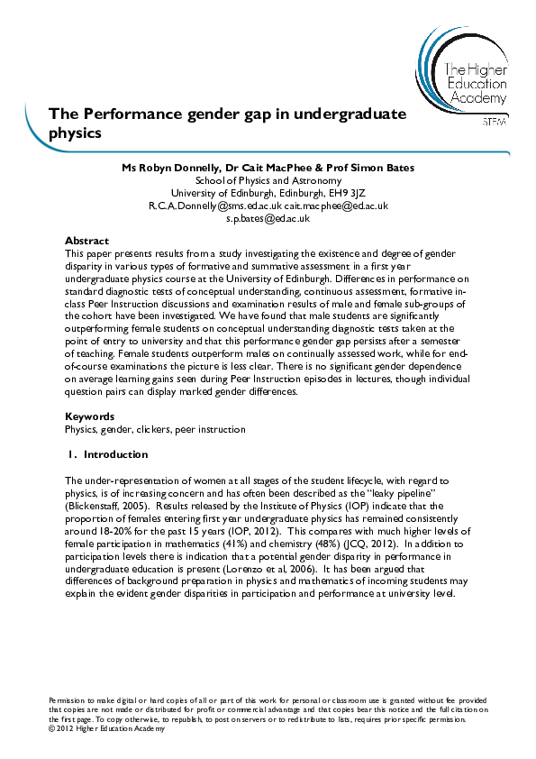 (PDF) The Performance gender gap in undergraduate physics