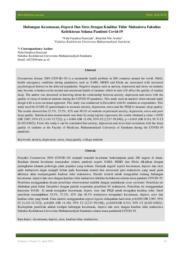 (PDF) Hubungan Kecemasan, Depresi Dan Stres Dengan Kualitas Tidur Mahasiswa Fakultas Kedokteran ...