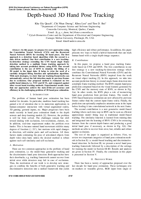 (PDF) Depth-based 3D hand pose tracking