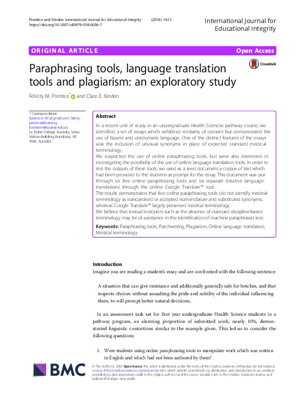 (PDF) Paraphrasing tools, language translation tools and plagiarism: an ...
