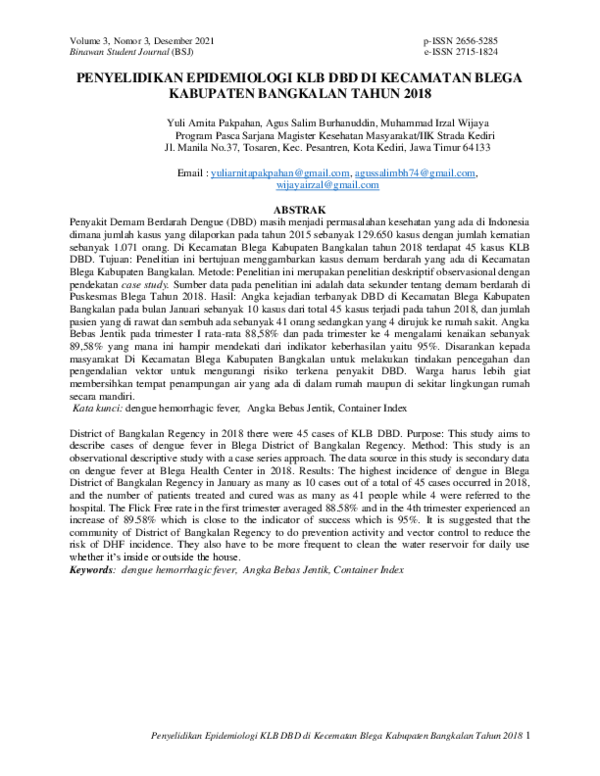 (PDF) Penyelidikan Epidemiologi KLB DBD DI Kecamatan Blega Kabupaten Bangkalan Tahun 2018