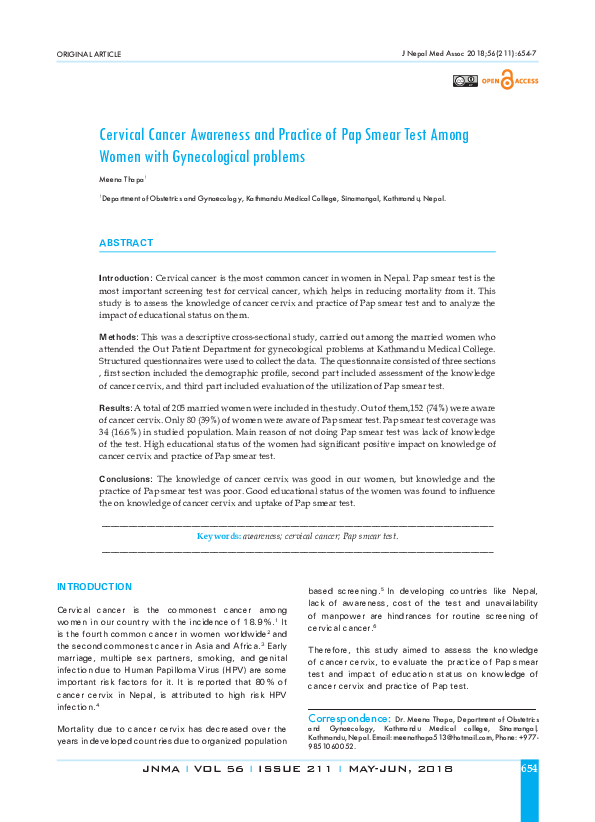(PDF) Cervical Cancer Awareness and Practice of Pap Smear Test Among ...