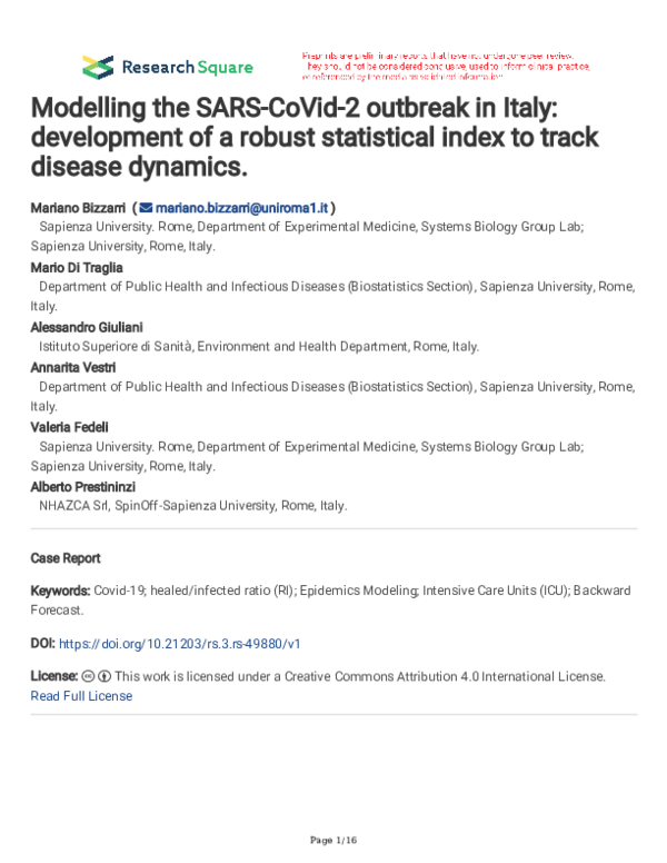 (PDF) Modelling the SARS-CoVid-2 outbreak in Italy: development of a ...