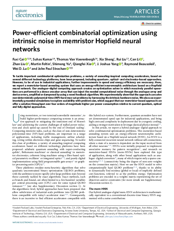 (PDF) Power-efficient combinatorial optimization using intrinsic noise in memristor Hopfield ...