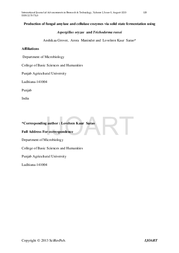 Pdf M And Loveleen K S Production Of Fungal Amylase And Cellulase Enzymes Via Solid State