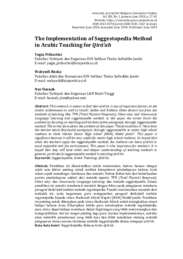 (PDF) The Implementation of Suggestopedia Method in Arabic Teaching for Qirā’ah