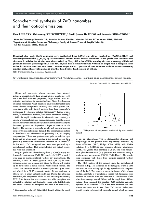 (PDF) Sonochemical synthesis of ZnO nanotubes and their optical emissions