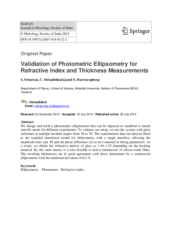 (PDF) Validiation of Photometric Ellipsometry for Refractive Index and Thickness Measurements