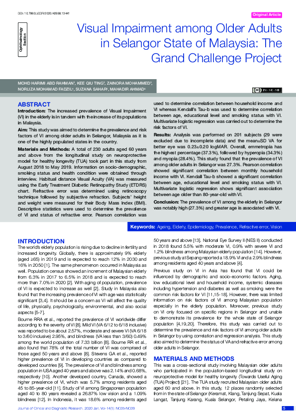 (PDF) Visual Impairment among Older Adults in Selangor State of ...