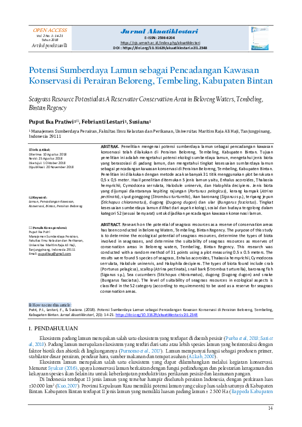 (PDF) Potensi Sumberdaya Lamun sebagai Pencadangan Kawasan Konservasi ...