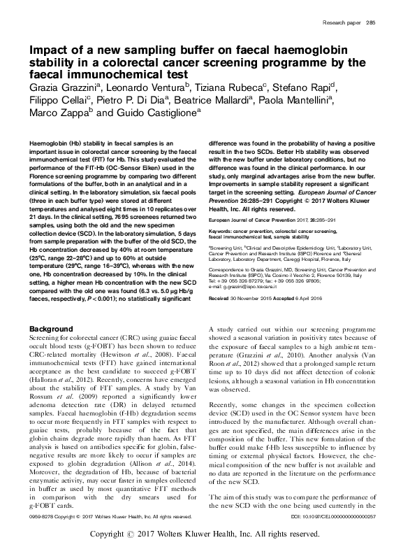 (PDF) Impact of a new sampling buffer on faecal haemoglobin stability ...