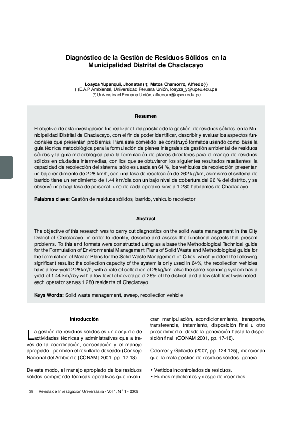 (PDF) Diagnóstico de la Gestión de Residuos Sólidos en la Municipalidad Distrital de Chaclacayo