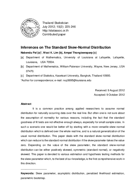 Pdf Inferences On The Standard Skew Normal Distribution