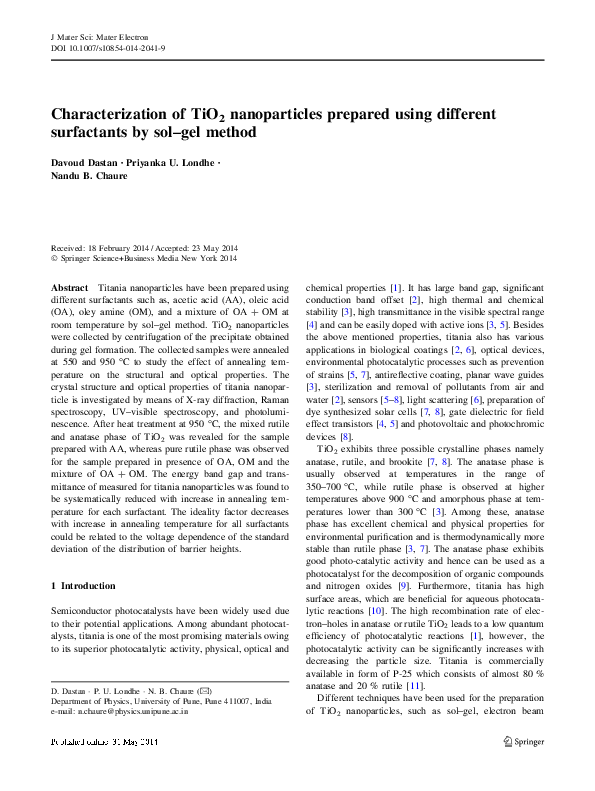 Pdf Tio2 Nanoparticles Surfactants And Annealing Effects