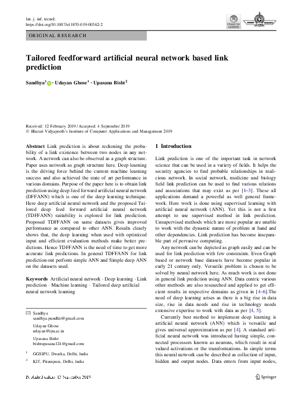 (PDF) Tailored feedforward artificial neural network based link prediction