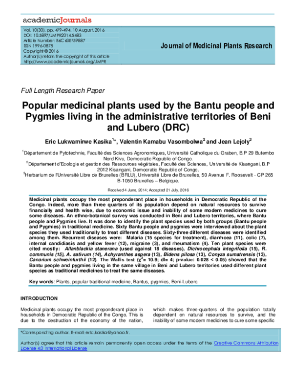 (PDF) Popular medicinal plants used by the Bantu people and Pygmies ...