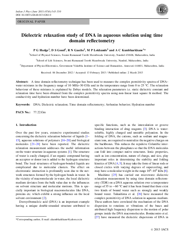 (PDF) Dielectric relaxation study of DNA in aqueous solution using time ...