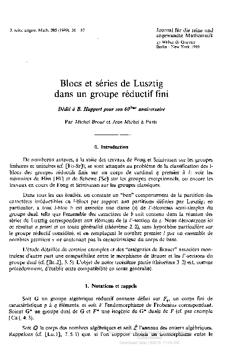 (PDF) Bloc et séries de Lusztig dans un groupe réductif fini
