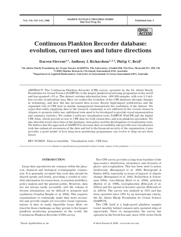 (PDF) Continuous Plankton Recorder database: evolution, current uses ...