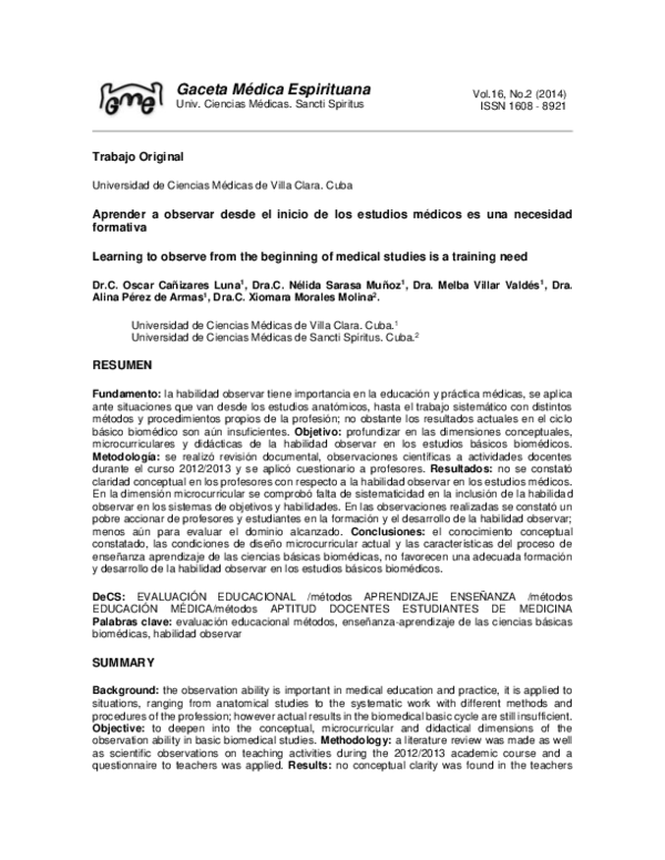 (PDF) Aprender a observar desde el inicio de los estudios médicos es una necesidad formativa