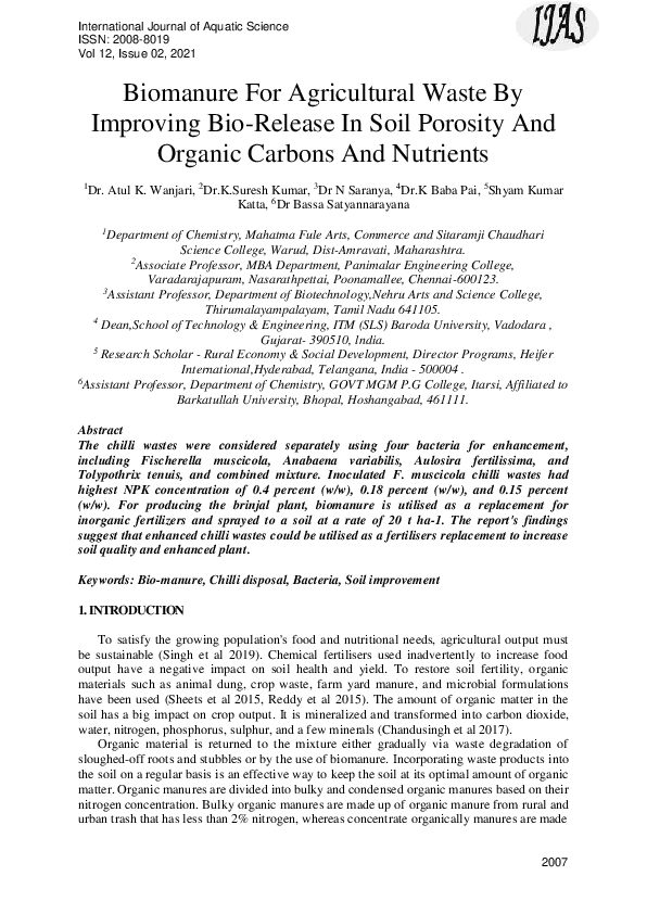 (PDF) Biomanure For Agricultural Waste By Improving Bio-Release In Soil ...