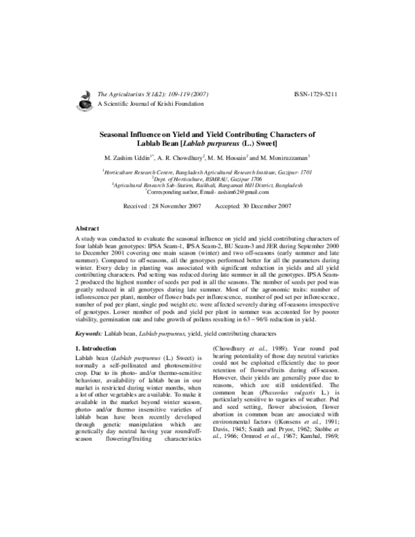(PDF) Seasonal Influence on Yield and Yield Contributing Characters of Lablab Bean [ Lablab ...