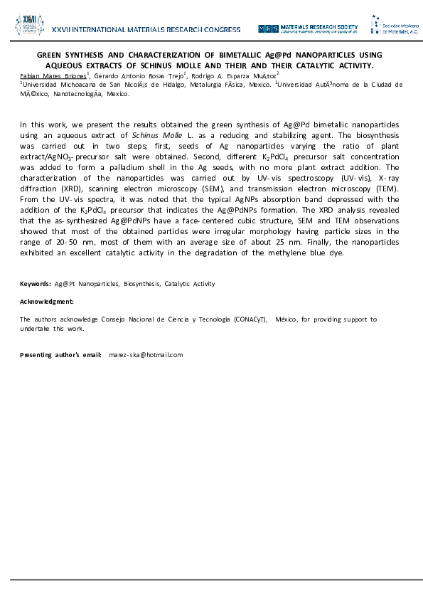 (PDF) GREEN SYNTHESIS AND CHARACTERIZATION OF BIMETALLIC Ag @ Pd NANOPARTICLES USING AQUEOUS ...