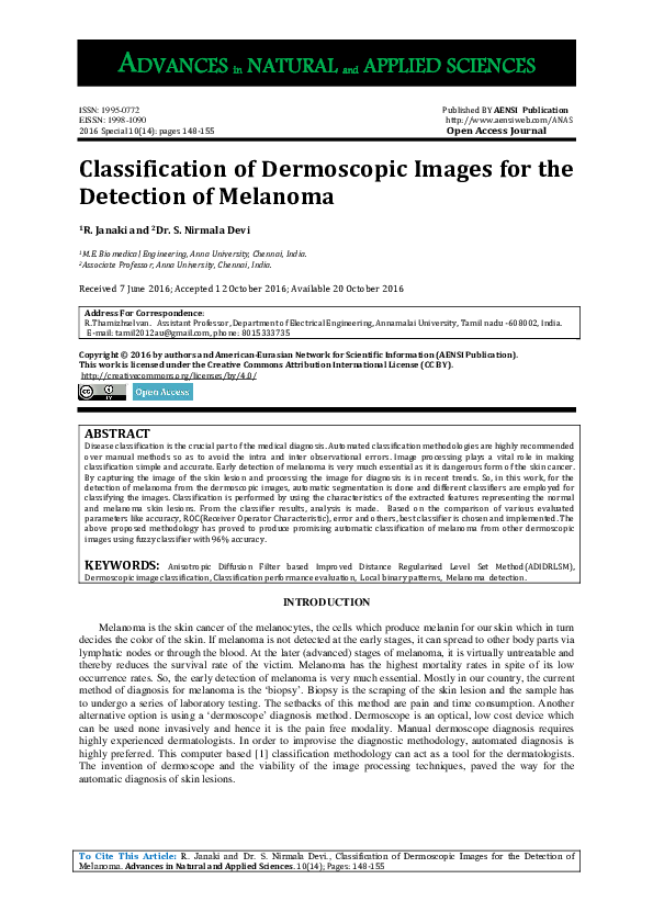 (PDF) Classification of Dermoscopic Images for the Detection of Melanoma