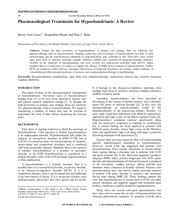 (PDF) Pharmacological Treatments for Hypochondriasis: A Review
