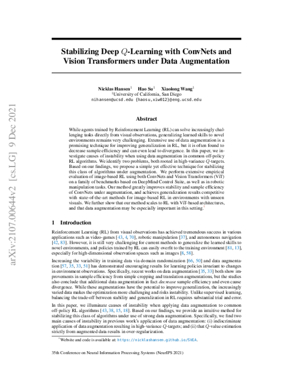 (PDF) Stabilizing Deep Q-Learning with ConvNets and Vision Transformers under Data Augmentation