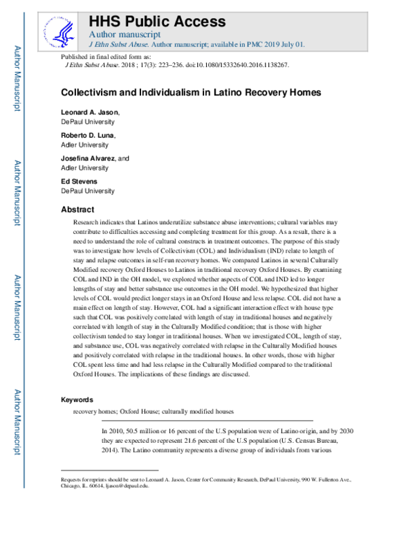 (PDF) Collectivism and individualism in Latino recovery homes