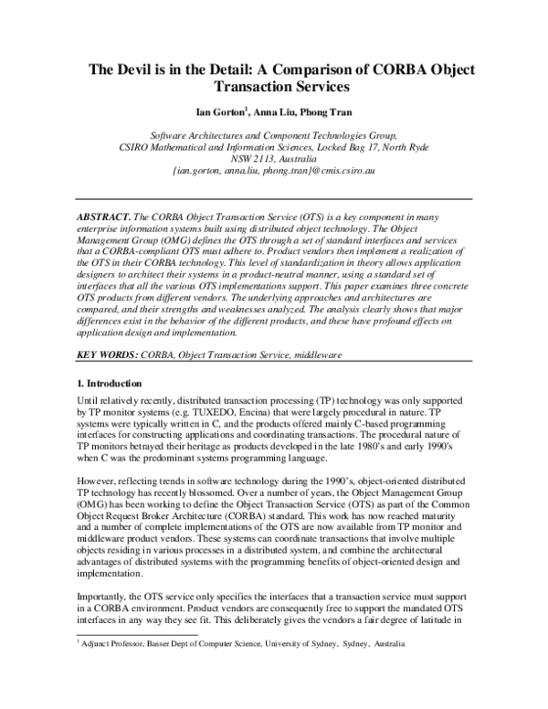 (PDF) The Devil is in the Detail: A Comparison of CORBA Object Transaction Services | Ian Gorton ...