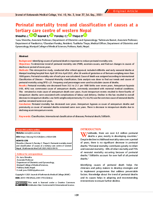 (PDF) Perinatal mortality trend and classification of causes at a tertiary care centre of ...