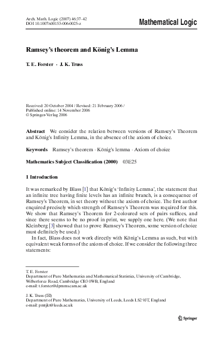 (PDF) Ramsey’s theorem and König’s Lemma