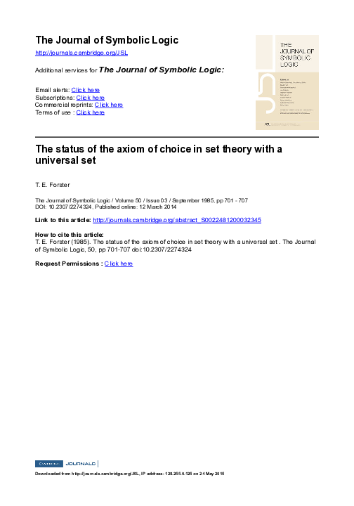 (PDF) The status of the axiom of choice in set theory with a universal set