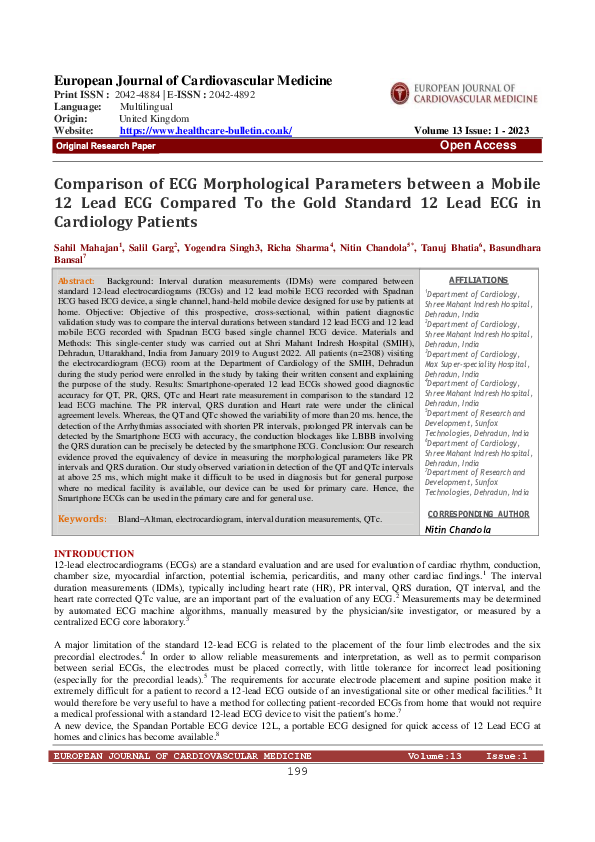 (PDF) Comparison of ECG Morphological Parameters between a Mobile 12 ...