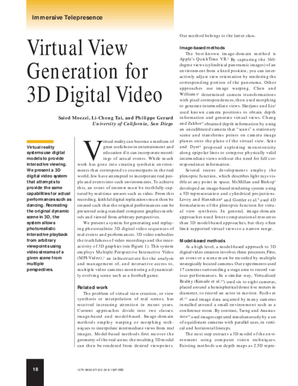 (PDF) Virtual view generation for 3D digital video