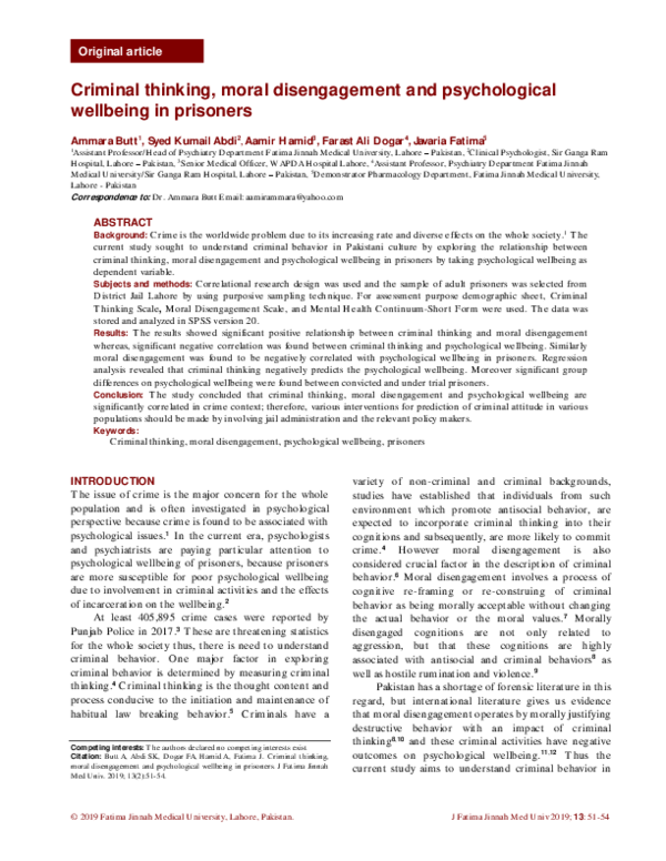 (PDF) Criminal thinking, moral disengagement and psychological ...