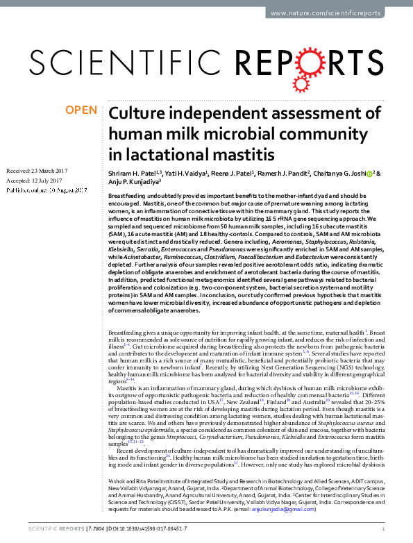 (PDF) Culture independent assessment of human milk microbial community ...