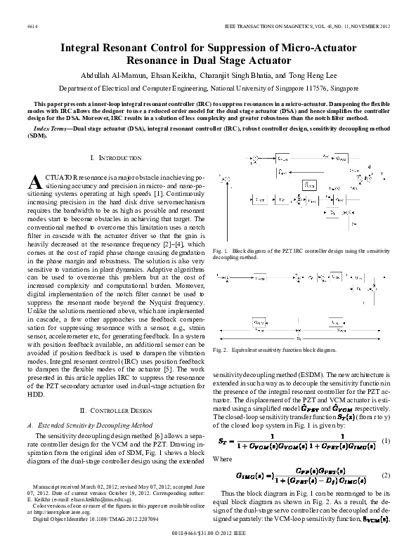 (PDF) Integral Resonant Control for Suppression of Micro-Actuator Resonance in Dual Stage Actuator