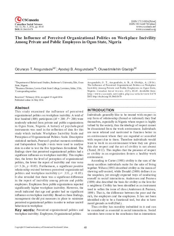 (PDF) The Influence of Perceived Organizational Politics on Workplace Incivility Among Private ...