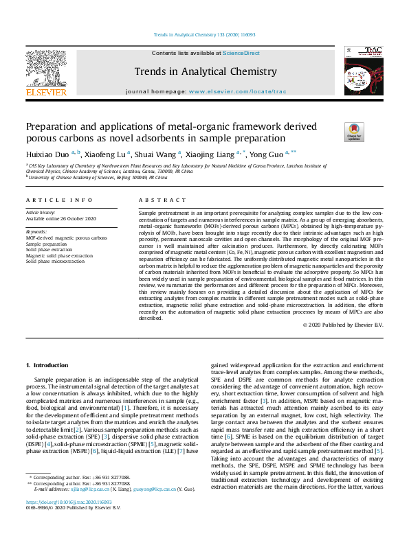 (PDF) Preparation and applications of metal-organic framework derived ...