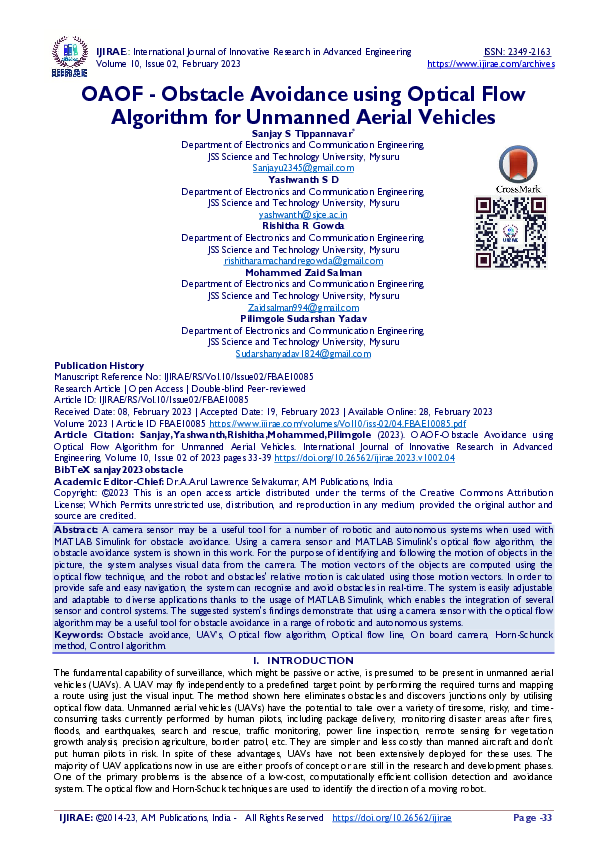 (PDF) OAOF - Obstacle Avoidance using Optical Flow Algorithm for Unmanned Aerial Vehicles