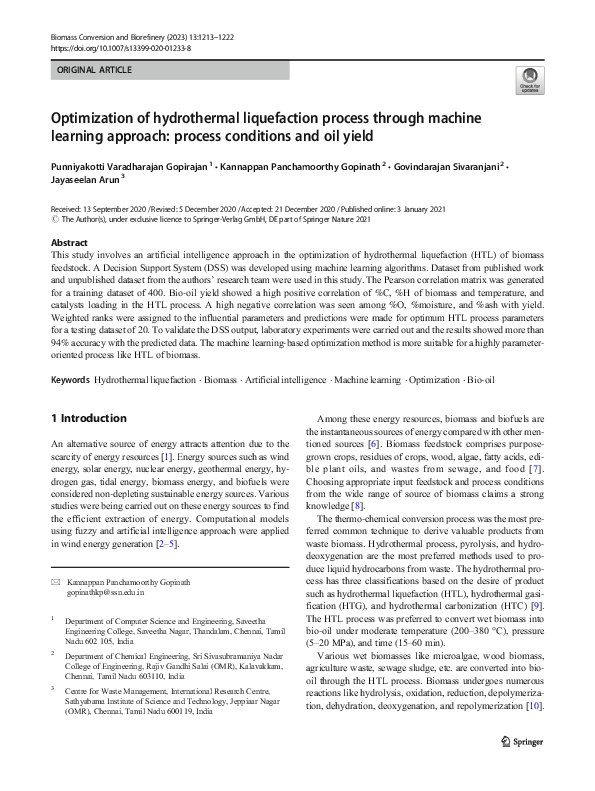 (PDF) Optimization of hydrothermal liquefaction process through machine ...