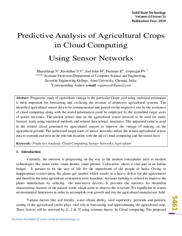 (PDF) Predictive Analysis of Agricultural Crops in cloud computing using sensor networks
