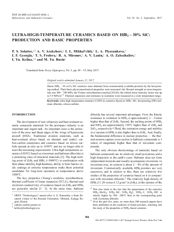 (PDF) Ultra-High-Temperature Ceramics Based on HfB2 – 30% SiC ...