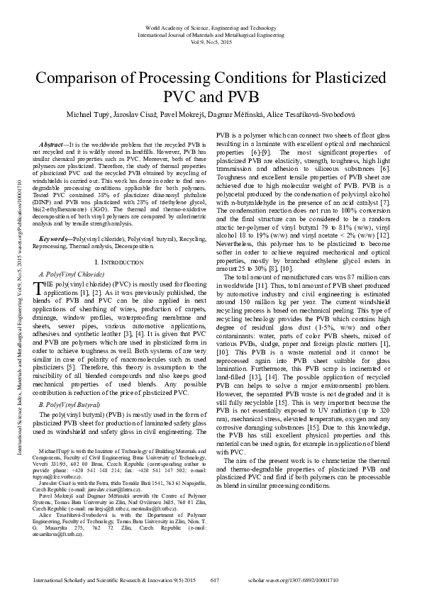 (PDF) Comparison Of Processing Conditions For Plasticized Pvc And Pvb
